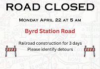 Railroad crossing on Byrd Station Road closed | WRGA